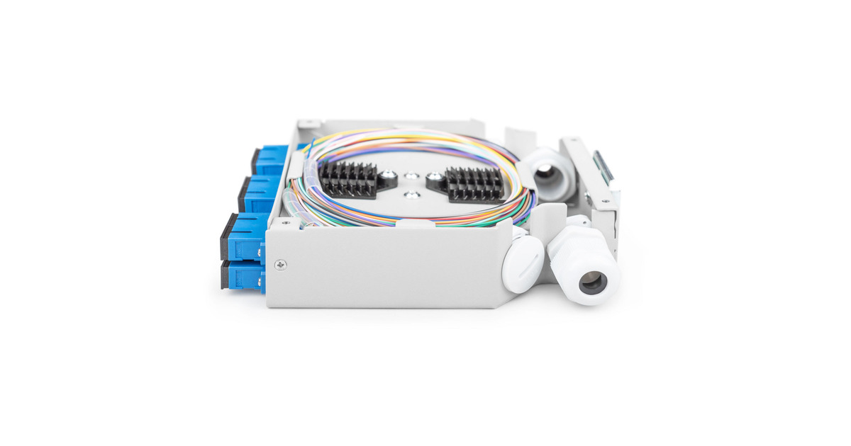 Digitus LWL-Hutschienenbox OS2 bestückt SC-Adapter und Pigtail, Spleißbox