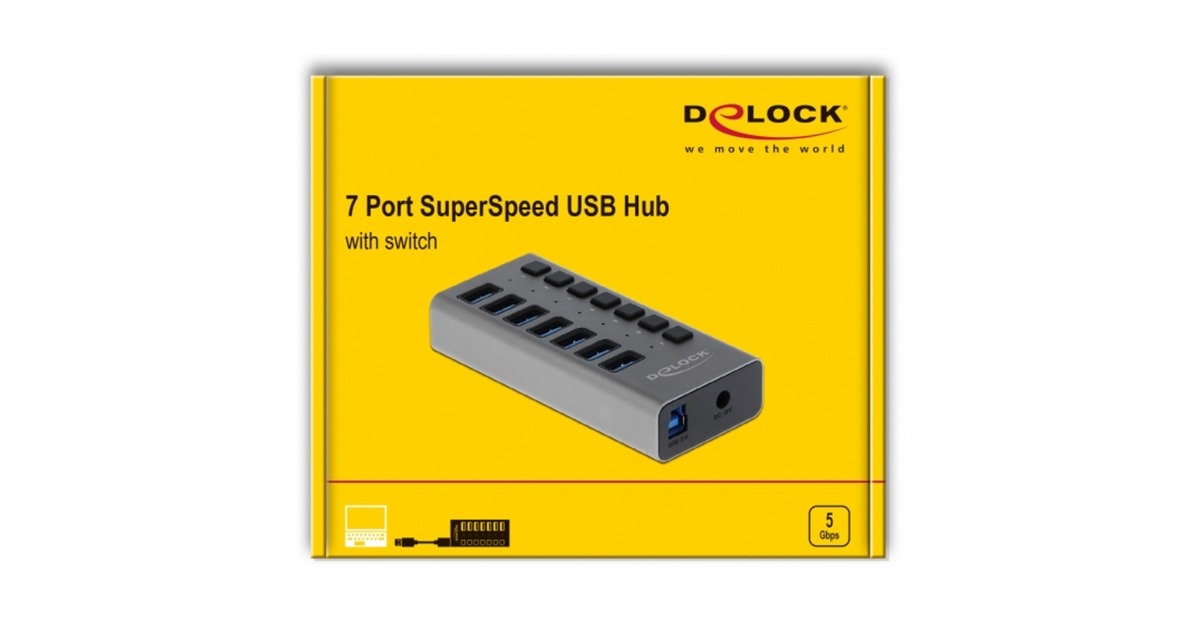 DeLOCK Externer SuperSpeed USB Hub mit 7 Ports + Schalter, USB-Hub