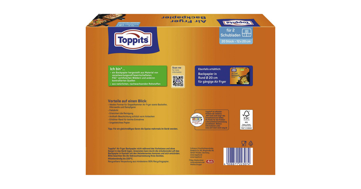 Melitta Toppits Backpapier für Airfryer 12x20cm, 20 Stück