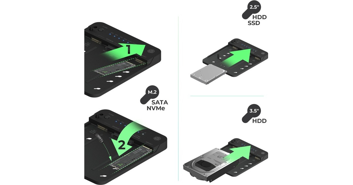 ICY BOX IB-2913MCL-C31, Dockingstation schwarz, 2,5"/3,5" SATA, M.2 NVMe