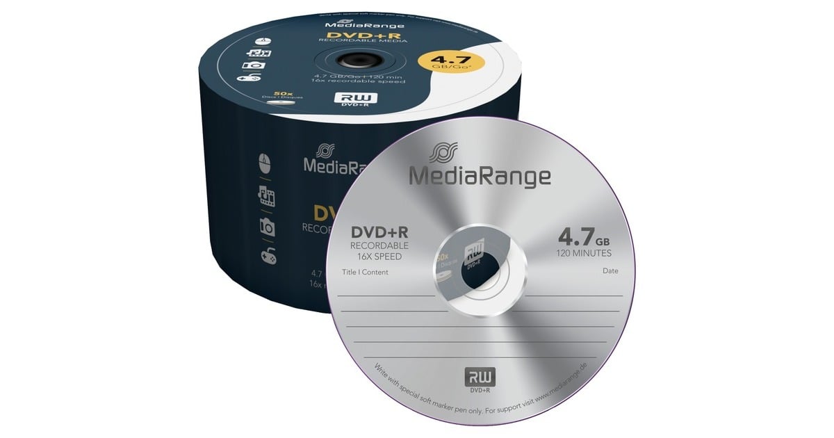MediaRange DVD+R 4,7 GB, DVD-Rohlinge 16fach, 50 Stück