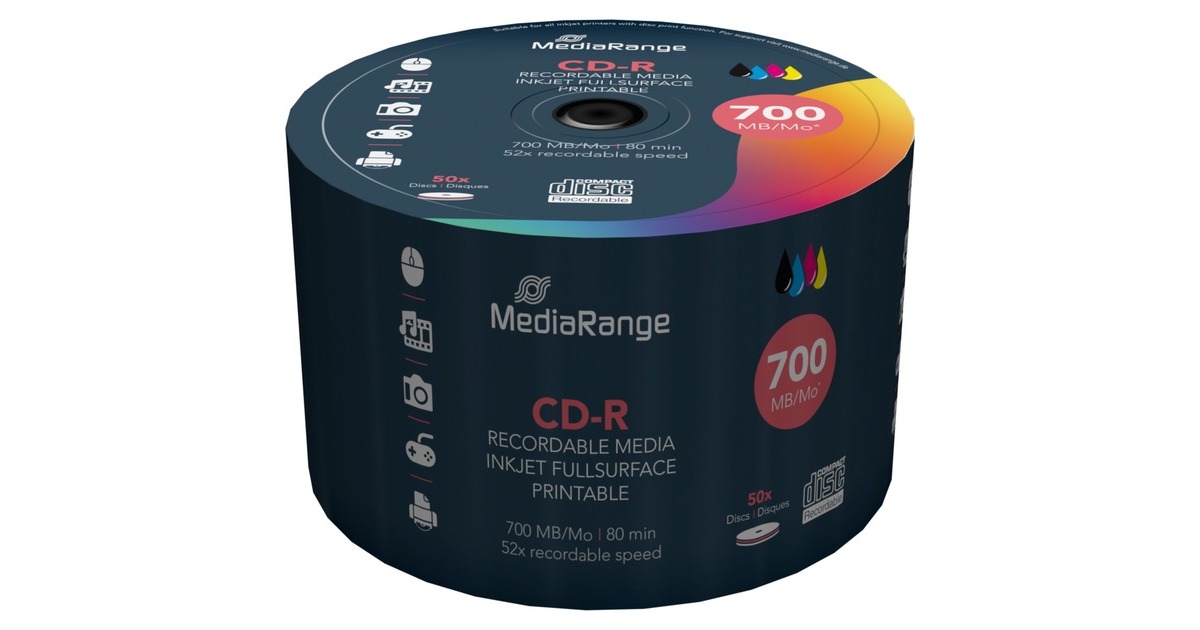 MediaRange CD-R 700 MB, CD-Rohlinge 52fach, 50 Stück, bedruckbar