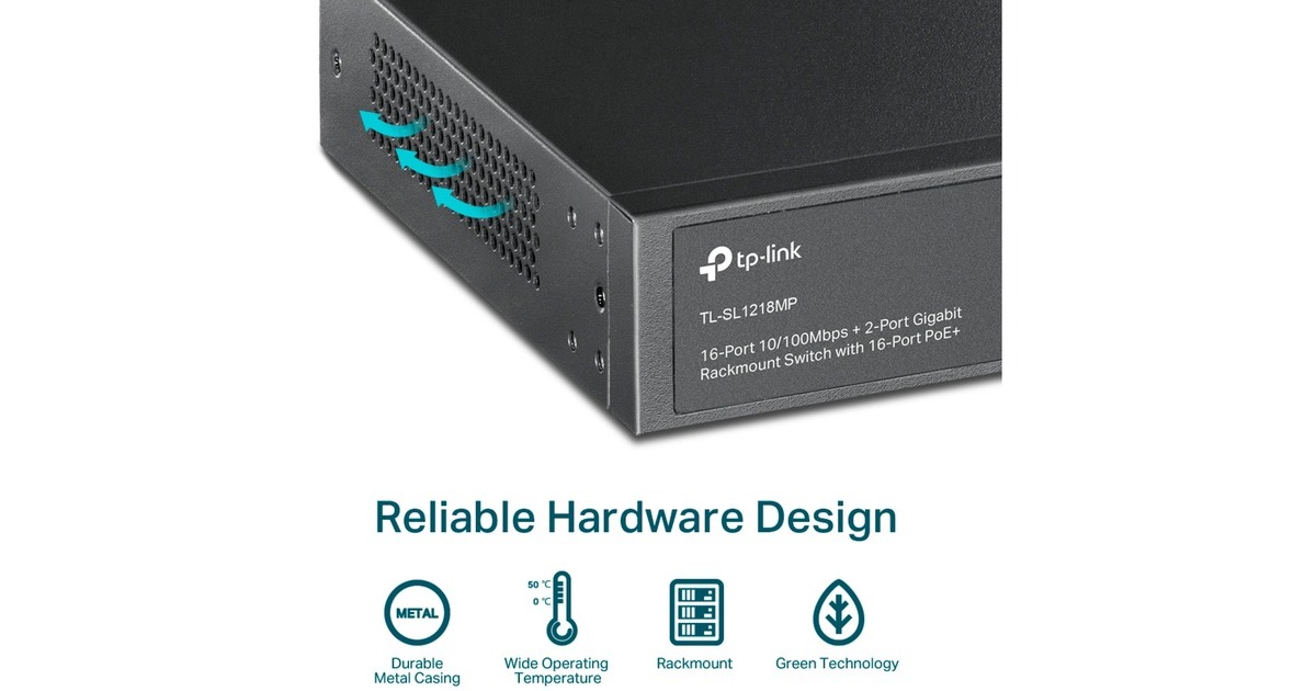 TP-Link TL-SL1218MP, Switch schwarz, 16-Port-10/100Mbit/s-+2-Port ...