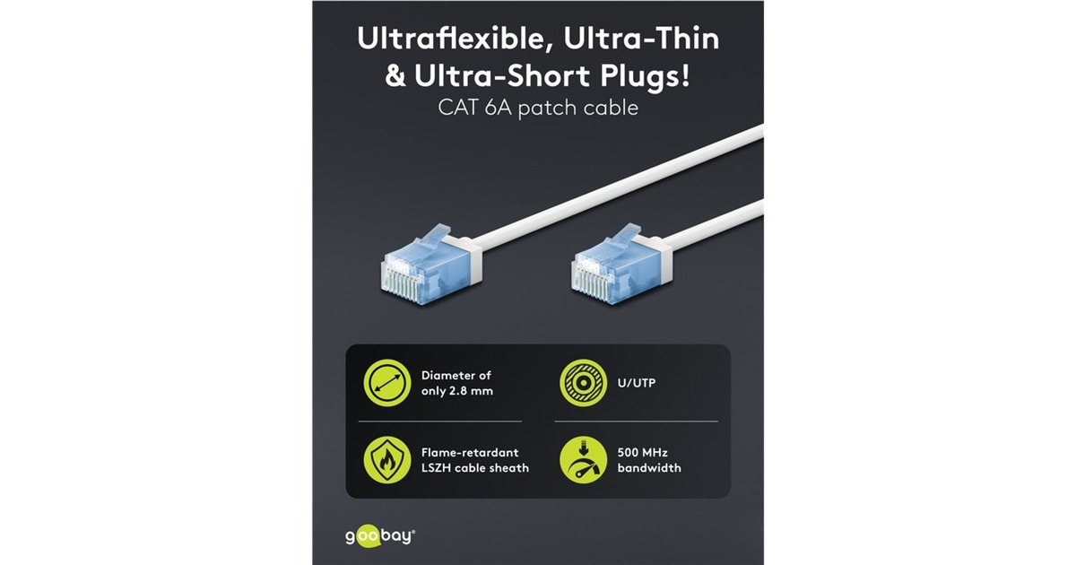 goobay Ultraflexibles Cat.6a Patchkabel slim, U/UTP weiß, 1 Meter, extrakurze Stecker