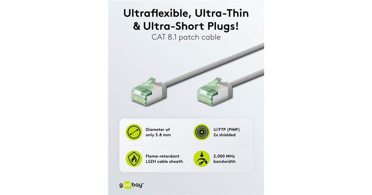 goobay Ultraflexibles Cat.8.1 Patchkabel slim, U/FTP grau, 2 Meter, extrakurze Stecker
