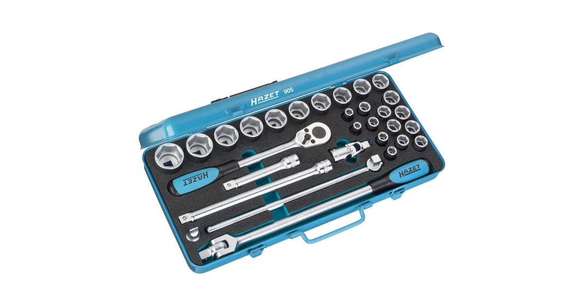 Hazet Steckschlüssel-Satz 905, 1/2", 30-teilig, Werkzeug-Set blau, mit Umschaltknarre