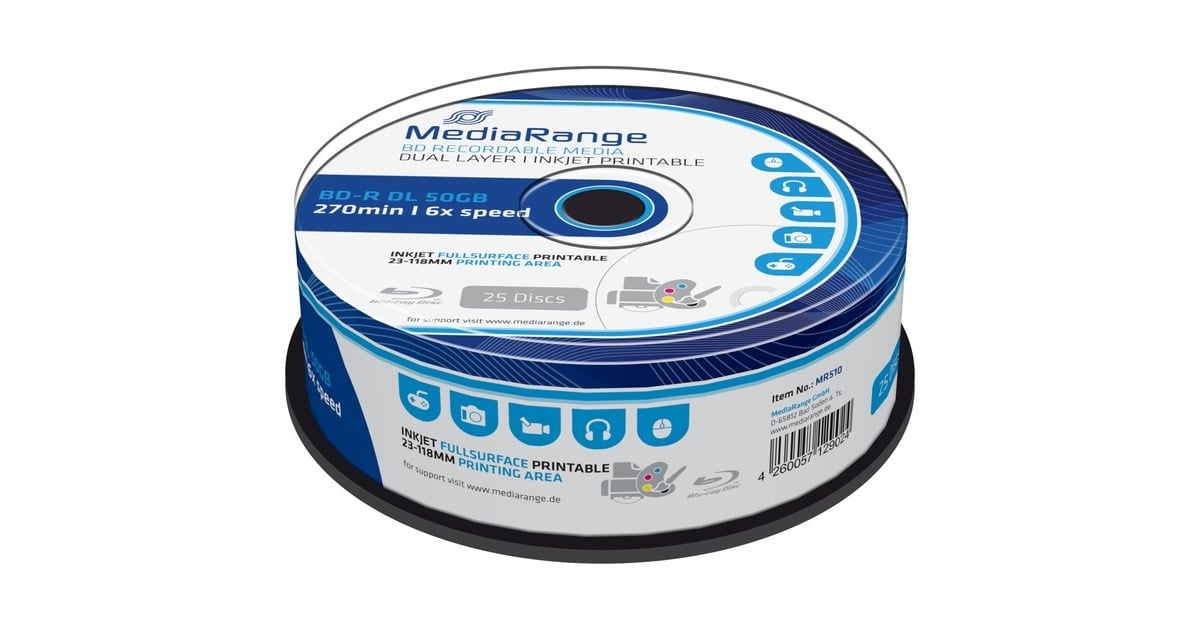 MediaRange BD-R Dual Layer 50 GB, Blu-ray-Rohlinge 6-fach, 25 Stück