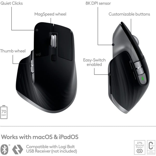 Logitech MX Master 3S für Mac, Maus graphit, 7 Tasten, Bluetooth ...