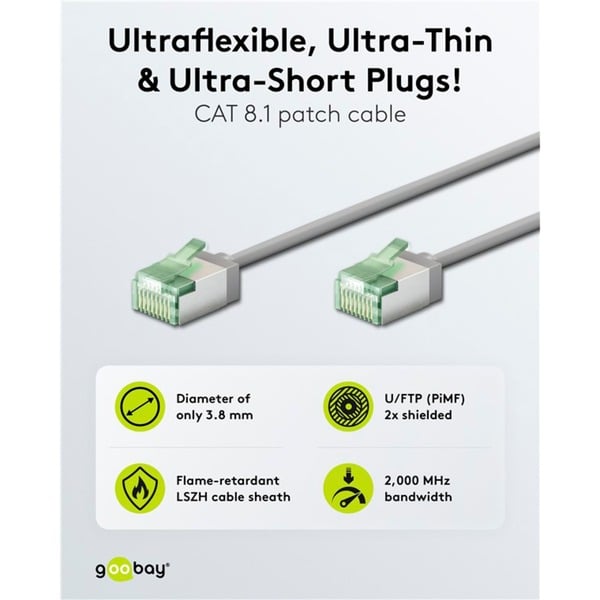 goobay Ultraflexibles Cat.8.1 Patchkabel slim, U/FTP grau, 2 Meter, extrakurze Stecker