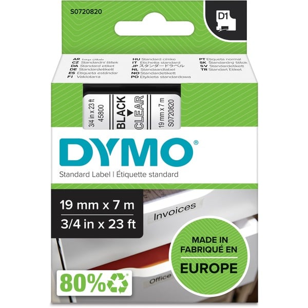 Dymo D1 ORIGINAL Schriftband, schwarz auf transparent, 19mm x 7m S0720820