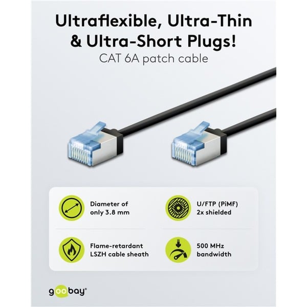 goobay Ultraflexibles Cat.6a Patchkabel slim, U/FTP schwarz, 2 Meter, extrakurze Stecker
