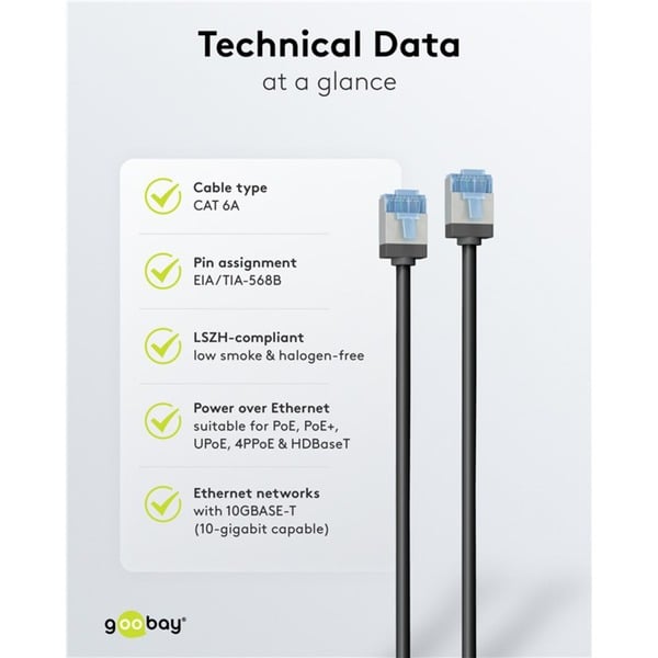 goobay Ultraflexibles Cat.6a Patchkabel slim, U/FTP schwarz, 2 Meter, extrakurze Stecker