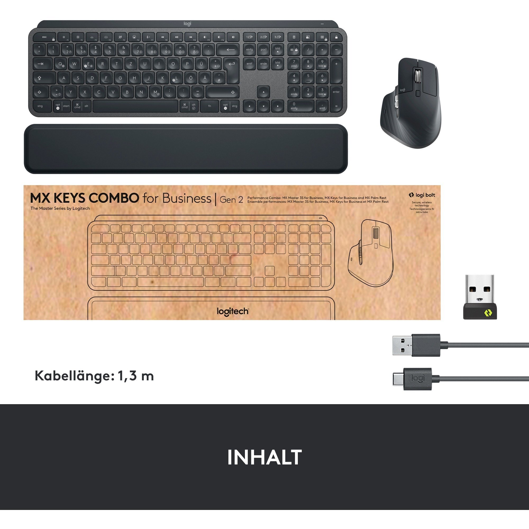 Logitech MX Keys Combo for Business Gen 2, Desktop-Set graphit, DE-Layout, Scherenmechanik, Logi ...
