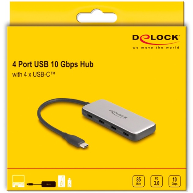 DeLOCK USB 10 Gbps USB Type-C Hub mit 4 x USB Type-C, USB-Hub grau