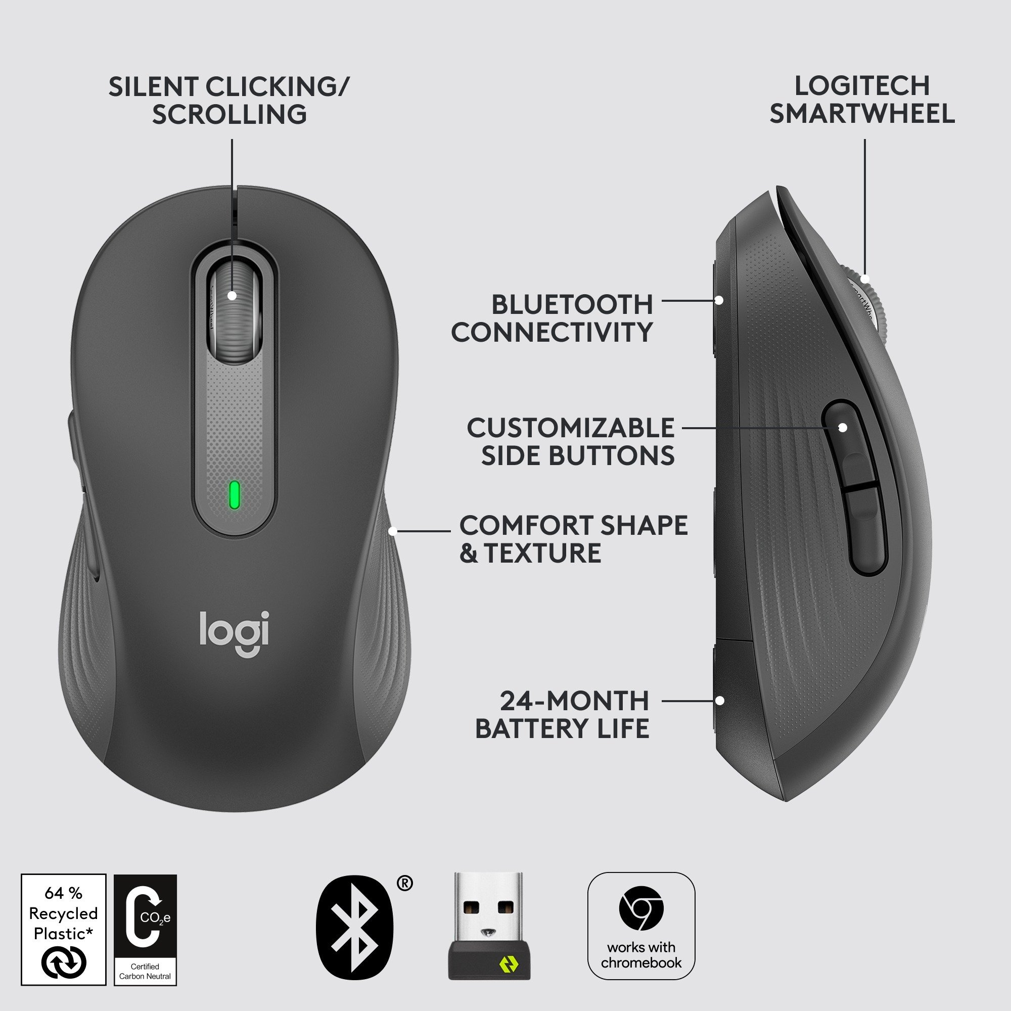 Logitech Signature M650 Wireless, Maus graphit, Größe M, Chromebook ...