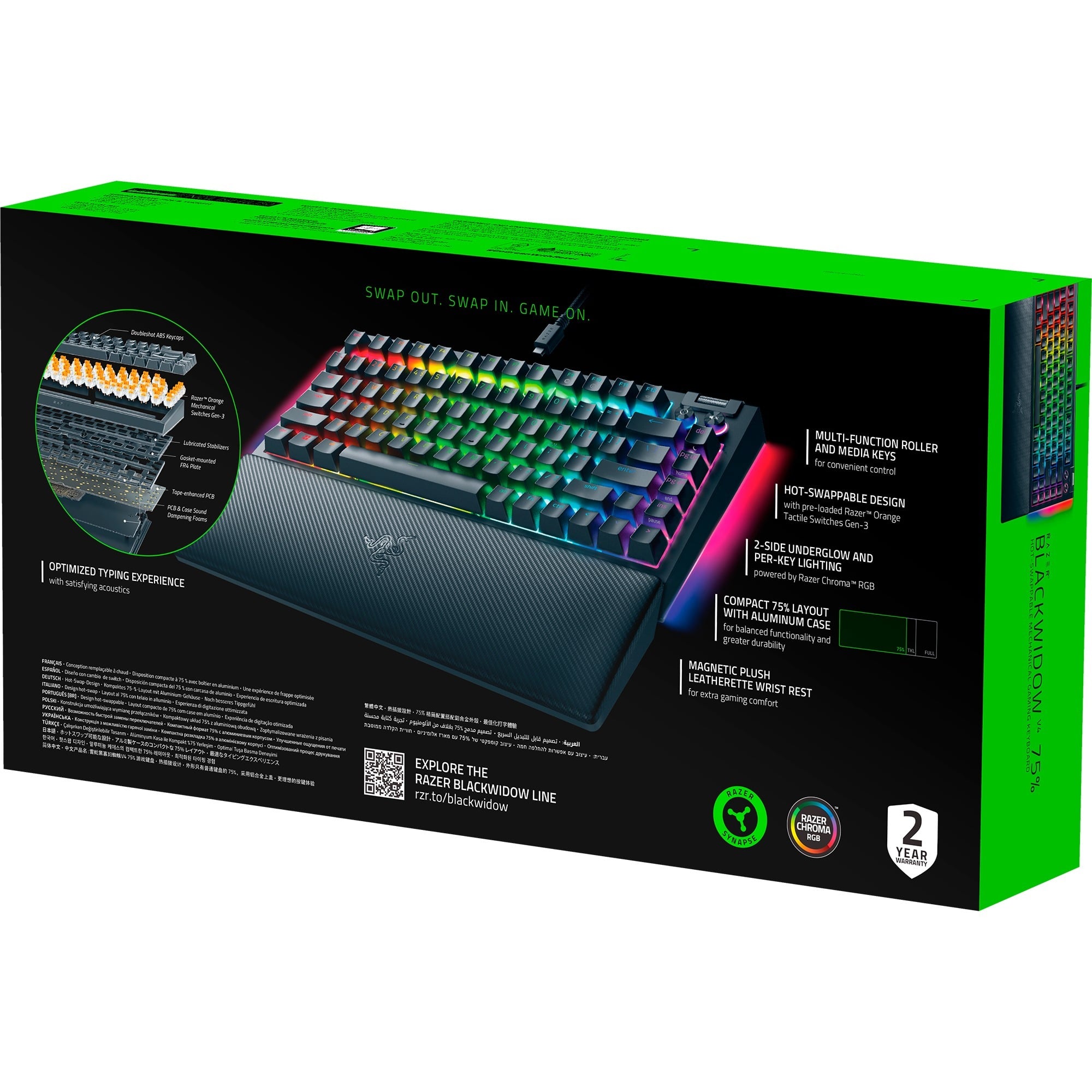 Razer BlackWidow V4 75%, Gaming-Tastatur schwarz, US-International ...