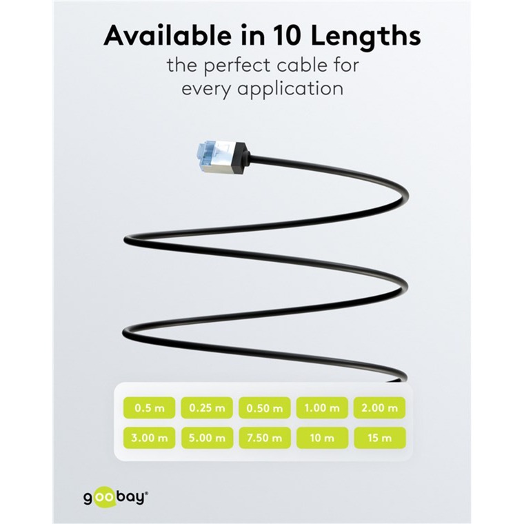 goobay Ultraflexibles Cat.6a Patchkabel slim, U/FTP schwarz, 2 Meter, extrakurze Stecker
